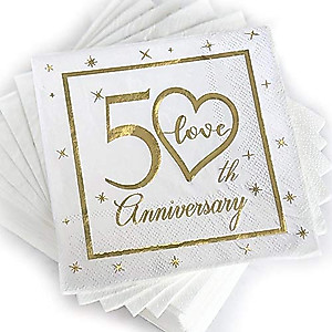50th Anniversary Cocktail Napkins Gold Foil Print | Golden Wedding Anniversary Celebrations Party Favor Supplies & Decorations | 50-Pack 3-Ply | Folded 5 x 5 Inches Disposable Paper Beverage Napkins