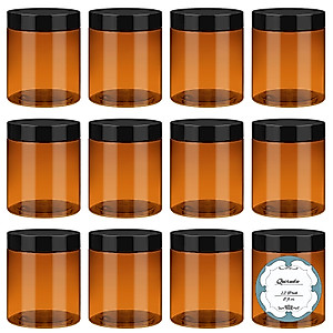 Qeirudu 8 oz Amber Plastic Jars with Lids and Labels, 12 Pack Empty Brown Body Butter Containers for Body Scrub, Cosmetic Beauty Products, Creams and Lotion