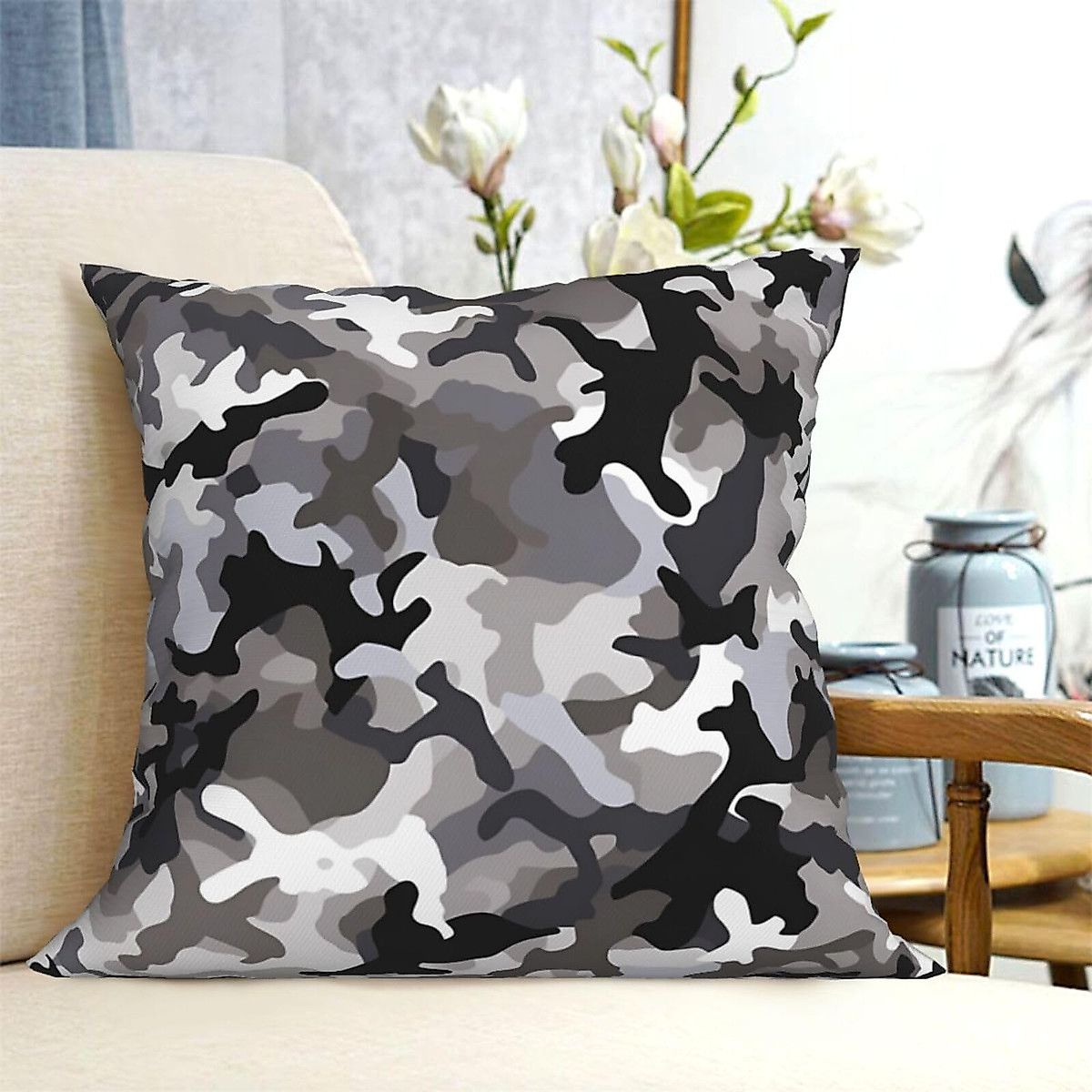 AdaNti Black Grey White Camo Print Throw Pillow Cover Square Soft Cushion Cover Throw Pillow Case for Home Decor Living Room Bed Couch Car 12"x12"