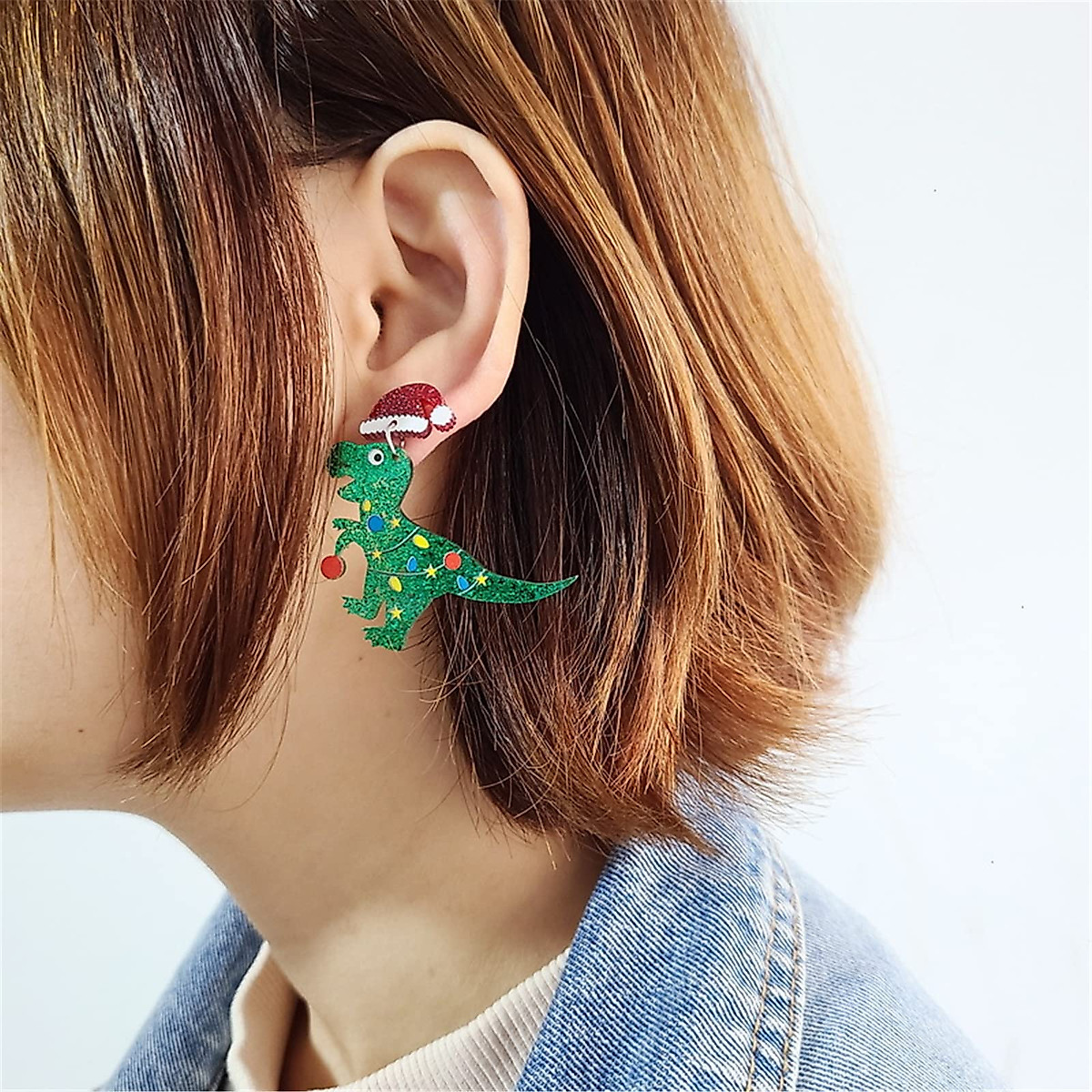 ONLYJUMP Acrylic Christmas Earrings for Women Cut Acrylic Animals Earrings Christmas Tree Green Caterpillar Sheep Dinosaur Earrings Funny Jewelry (Red Hat Dinosaur A)
