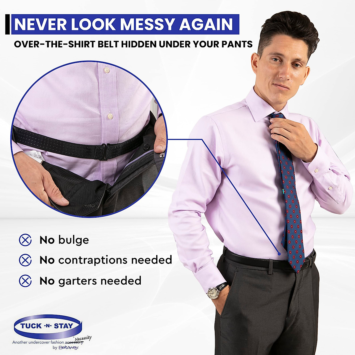 BELTAWAY Tuck N Stay Keep Shirts Tucked in Extra Gripping Shirt Stays for Men - Adjustable Stretch belt, Look Neat for Work, Dress, Casual