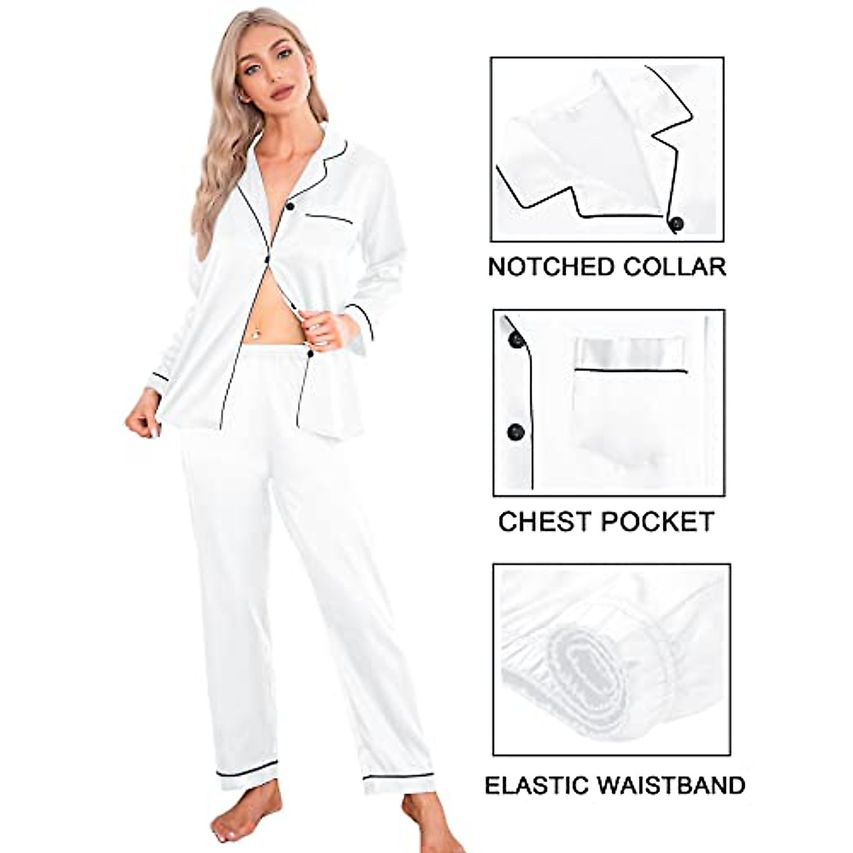 SWOMOG Women's 7 Pcs Silk Satin Pajamas Set Long Sleeve Button Down Sleepwear Cami Shorts Pjs Set with Eye Mask (as1, alpha, x_l, regular, regular, White)