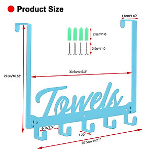 Azmoncy Over The Door Hooks, Towel Rack for Bathroom Wall Mount Towel Hanger, Towel Holder for Hanging Heavy Duty with 5 Hooks for Pool Bedroom Bathroom Kitchen Towels, Bag, Coats(Blue)