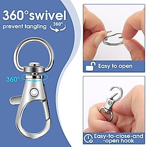 50 PCS in 25 Sets, Metal Swivel Lobster Claw Clasps, Keychain Clip with Large Key Ring, Premium Keychains Clips, Snap Hooks and Sturdy Key Rings, for Key Chain Making Kit，HnoaTovy (Silver)