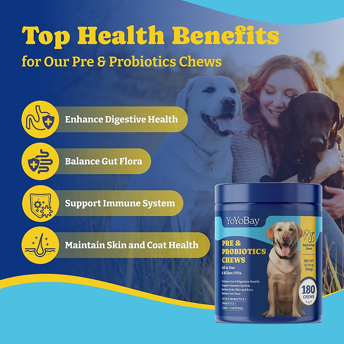Dog Probiotics for Gut, Immune & Skin Health + Dog Flea and Tick Treatment Chewable, Natural Defense - 180 Soft Chews
