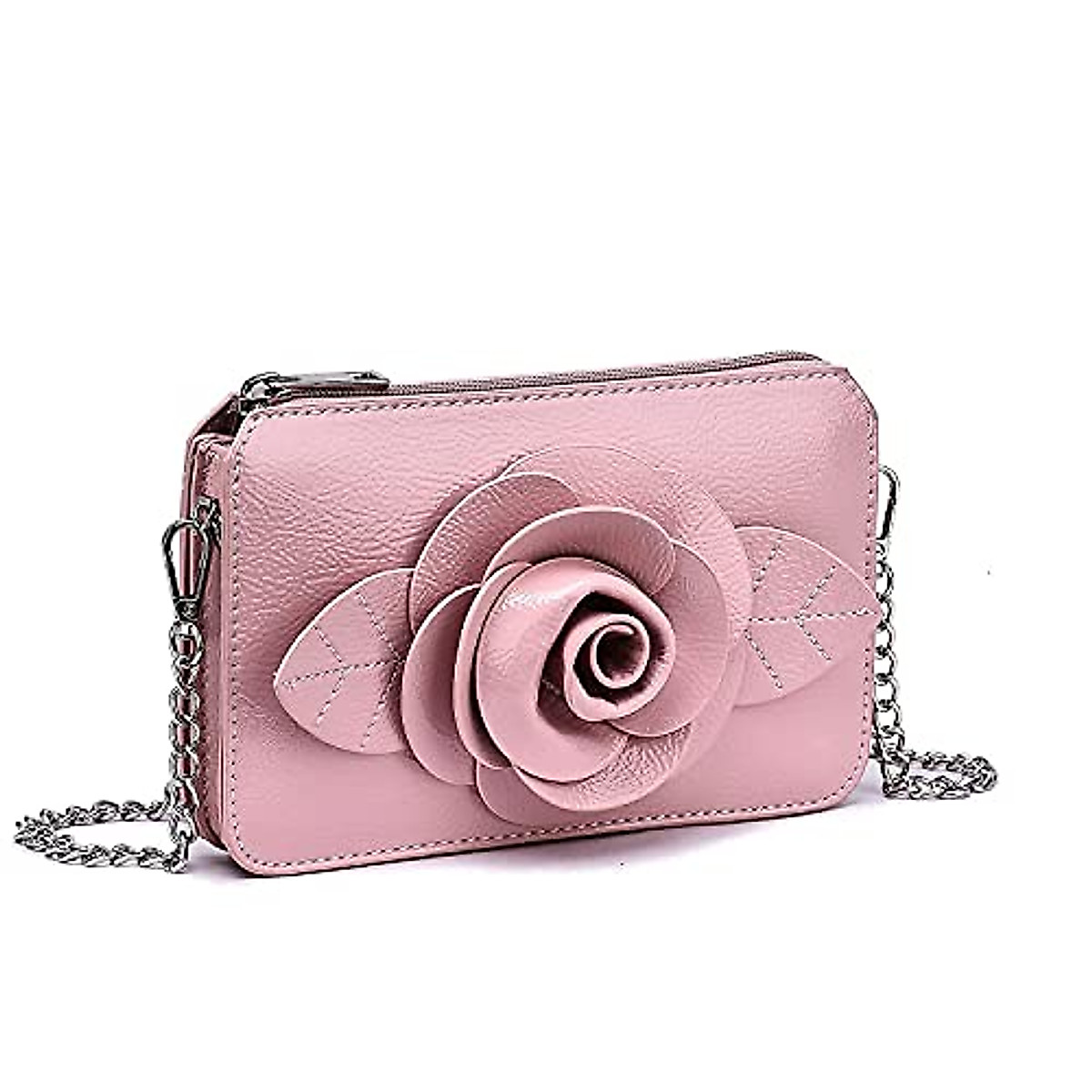 Mellow World Rosali 3D Floral Cell Phone Small Cross Body Shoulder Bag Vegan Patent Leather Women Purse Touch Screen Removable Strap, Mistyrose