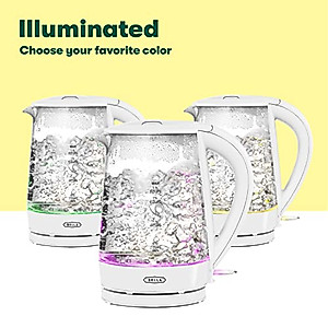 BELLA 1.7 Liter Glass Electric Kettle, Quickly Boil 7 Cups of Water in 6-7 Minutes, Soft Pink LED Lights Illuminate While Boiling, Cordless Portable Water Heater, Carefree Auto Shut-Off, White