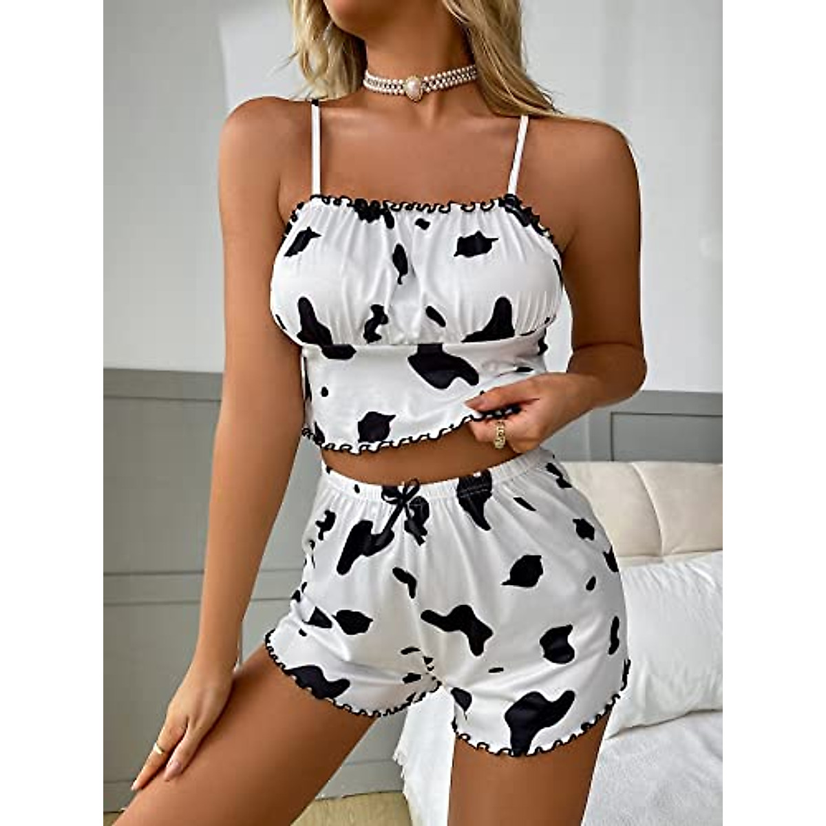 WDIRARA Women's 2 Piece Sleepwear Satin Cow Print Crop Cami Top and Shorts Summer Pajama Set Cute White M