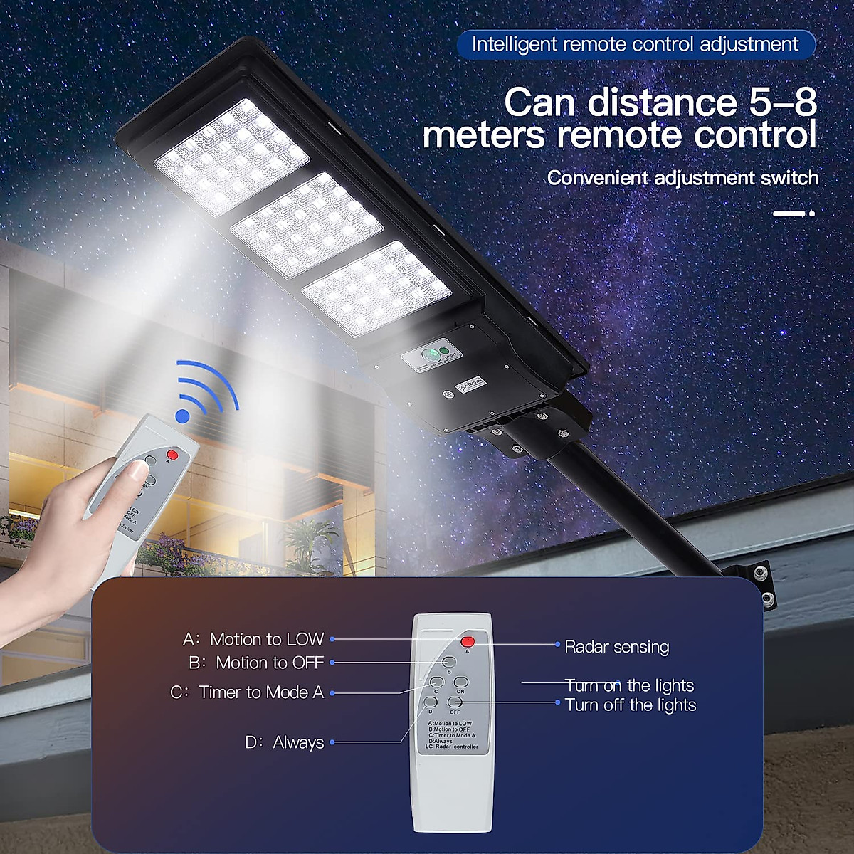 Vikrami 600W Solar Street Lights Outdoor Waterproof 60000LM, Dusk to Dawn, with Motion Sensor and Remote Control, Suitable for courtyards, Gardens, Streets, Garage, etc. Wall or Pole Mount