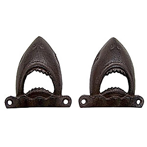 Cast Iron Shark Head Bottle Openers, Wall Mounted, Nautical Bar Décor, Set of 2, 3.5 Inches