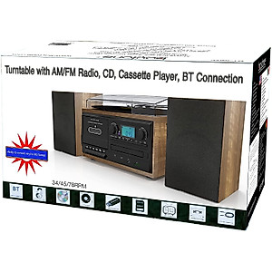 Boytone BT-58W Bluetooth Record Player Turntable with CD Player, Convert LP Vinyl, CD to MP3 Player, Cassette, AM/FM Radio, USB/SD Encoding, Remote Control, Audio Music Player Built in Amplifier