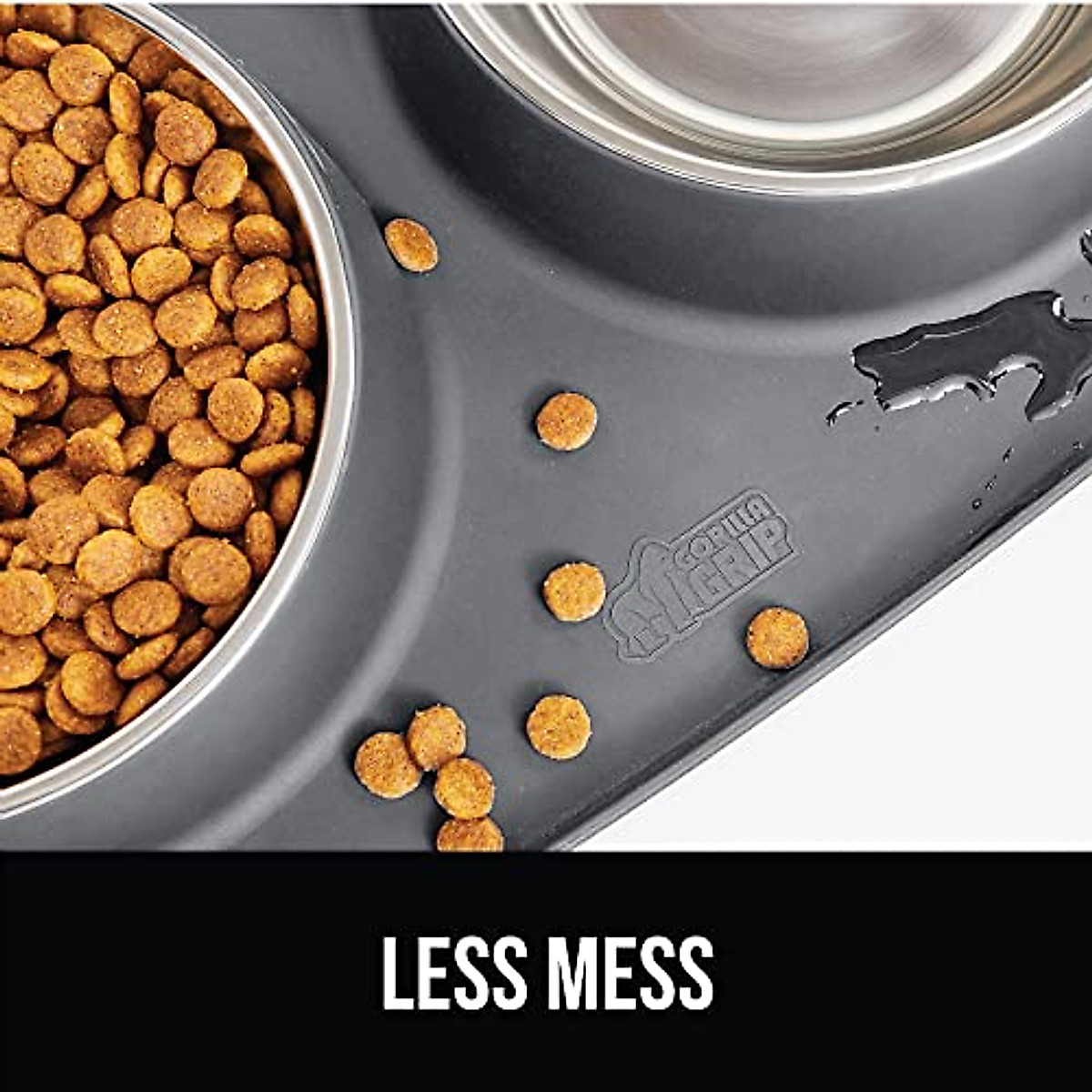 Gorilla Grip Slip Resistant Pet Bowls and Silicone Feeding Mat Set, Catch Water and Food Mess, Raised Edges for No Spills, Stainless Steel Cat and Dog Dish Bowl for Small and Large Pets, 2 Cups Gray