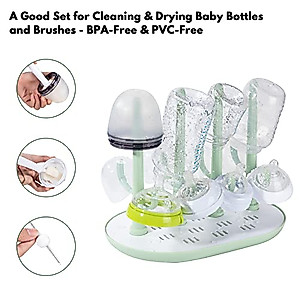 Jumperlay Baby Bottle Drying Rack with 2 Pack Sponge Brush and 2 Pack Straw Cleaner Brushes, High Capacity Countertop Bottle Dryer Holder for 4 Sets of Baby Bottles and Accessories, Green