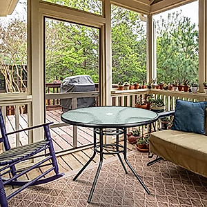 35.4"Outdoor Bistro Table Round Patio Dining Table Coffee Table Side Table with Umbrella Hole, Outdoor Indoor Banquet Furniture with Metal Frame and Glass Top for Garden Backyard Porch Lawn Deck,Black