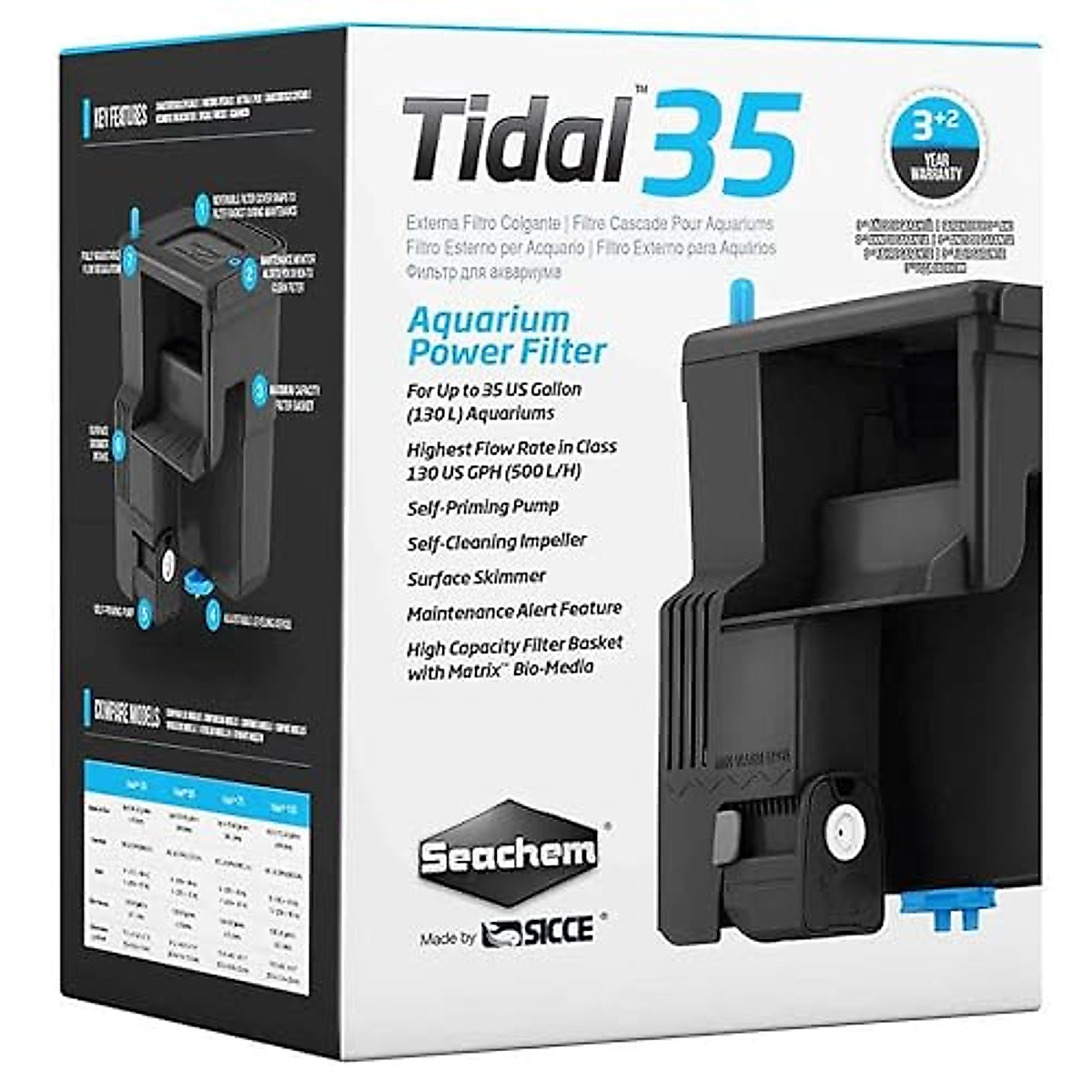 Seachem Tidal Power Aquarium Filter - 35 Gallon Large Fish Tank Filter,black
