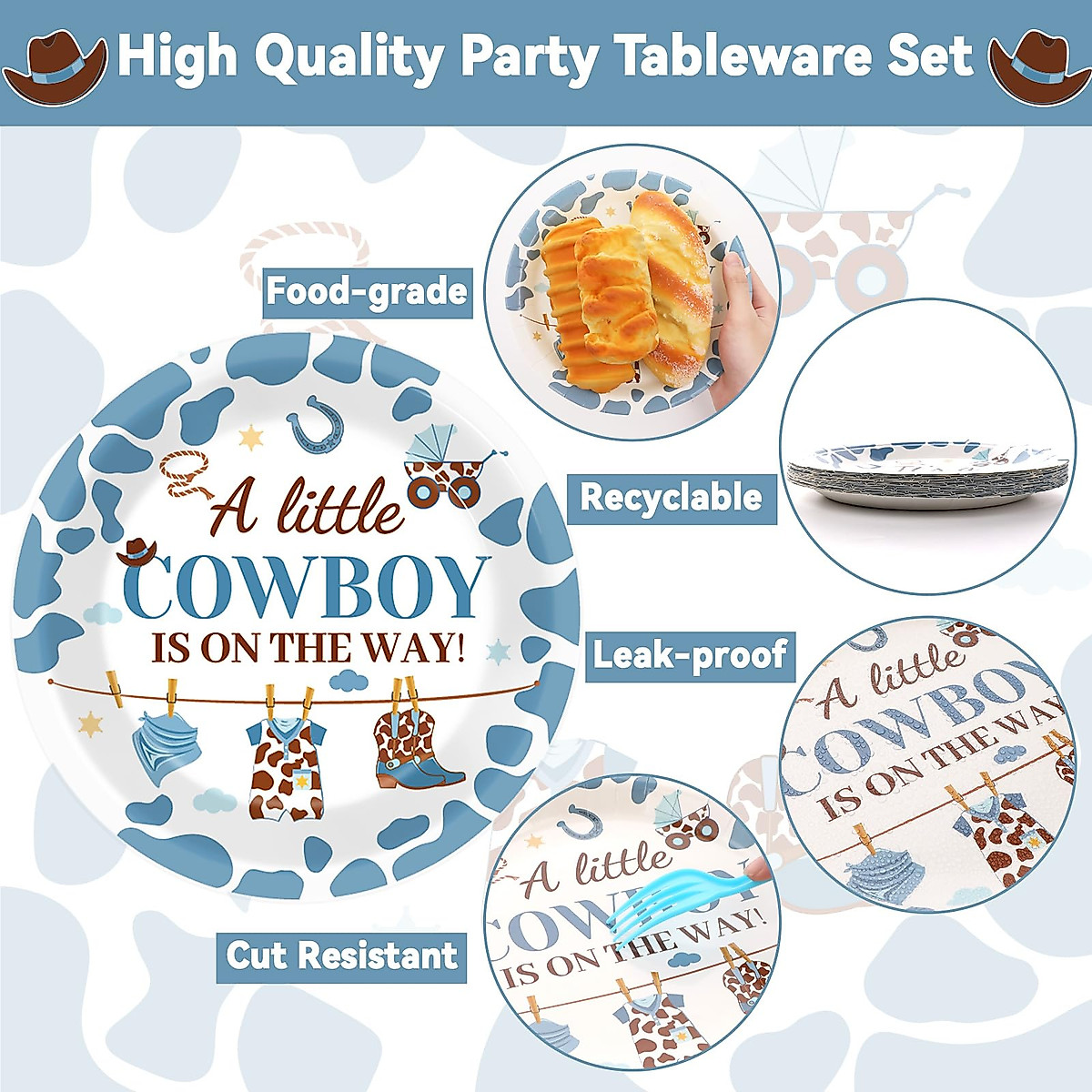 96 Pcs Western Baby Shower Plates and Napkins Party Supplies Western Cowboy Tableware Set Little Cowboy Party Decorations Favors for Cowboy Baby Shower Serves 24 Guests