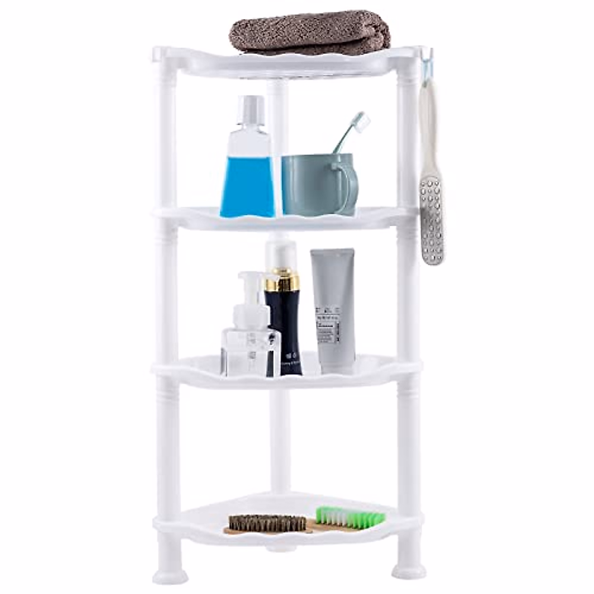 4-Tier Standing Corner Shower Caddy - 4 Shelf Plastic Bathroom Corner Stand with Drainage Holes & Hooks Plastic Shower Organizer Corner Standing Stand Up Bathtub Shower Shelf for Bathroom Living Room