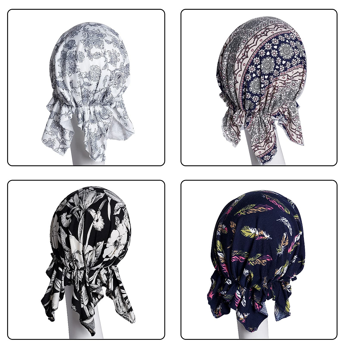 4pcs Pre-Tied Chemo Head Scarf Beanie Covers Cap Head Scarves Sleep Turban Hat Women Bandana with Stretch Print Ruffle Multicolor