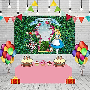 Alice in Wonderland Backdrop for Birthday Party Supplies 5x3ft Green Leaves Photo Background for Alice Wonderland Theme Party Cake Table Decorations Baby Shower Banner