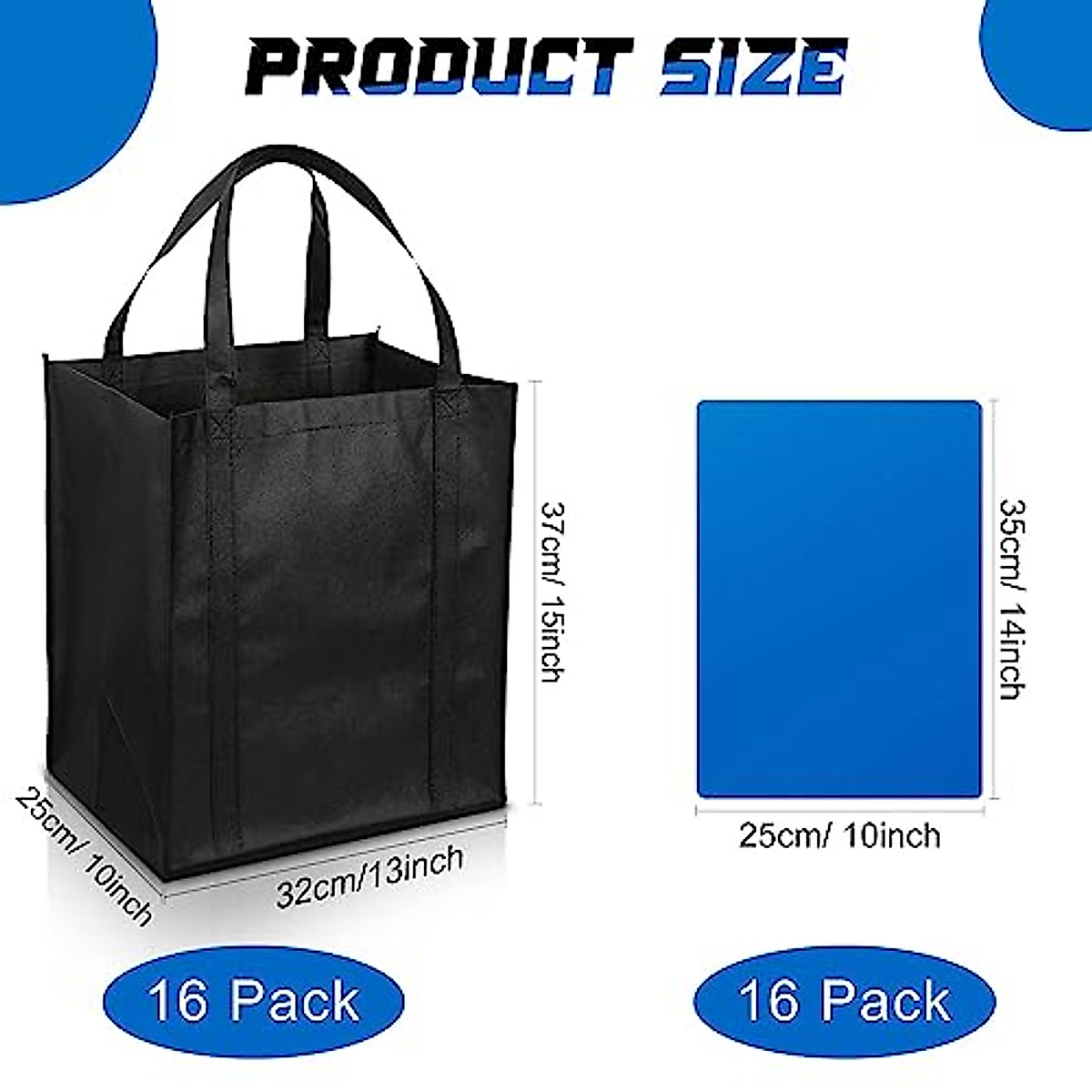 16 Pcs Reusable Grocery Bags Large Foldable Shopping Bags Non Woven Reusable Bags for Groceries Heavy Duty Grocery Tote Bags with Reinforced Handles and Sturdy Bottom, Black