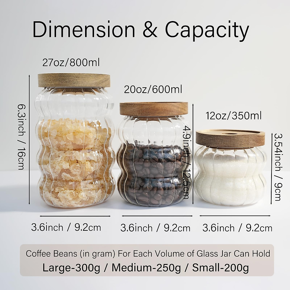 yutrenn Glass Jar with Airtight Lid Cute Glass Canisters for Nut Coffee Sugur Glass Storage Jar Sets of 3 Clear Jar for Kitchen Storage Decorative Container with Wood Lids, GJ-01B
