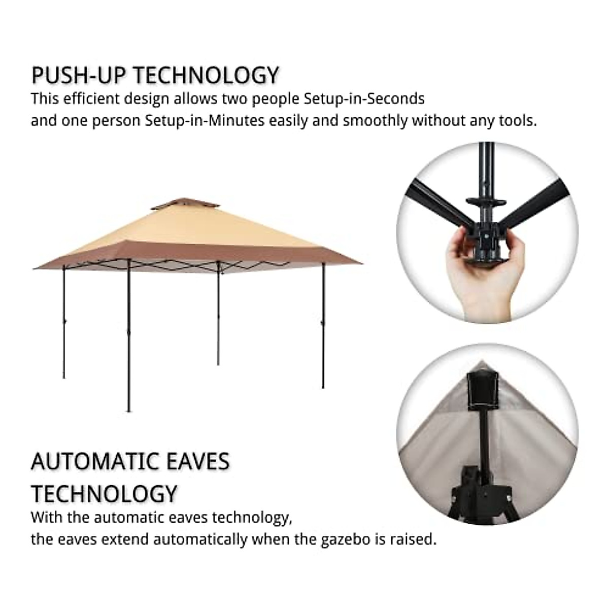 Suntime 12x12 Instant Pop Up Gazebo Canopy Tent Shelter with Solar LED Lights, Zippered Mesh Mosquito Netting, Wheeled Roller Carry Bag, Bonus Weight Sandbags, Stakes, Ropes - Brown