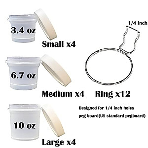 Peg Board Organizer Storage Jars with Steel Rings Peg Board Cups Bins Pegboard Accessories for Garage Storage, Organization, Craft Sewing -Set of 12(Half-Clear White)