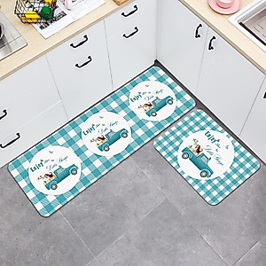 2 Pieces Kitchen Mats Floor Area Rug Set Farmhouse Teal Truck Cute Dog Non-Slip Doormat, Indoor Water Absorbent Standing Runner Rugs for Home Decor Spring Flower Butterfly Aqua Plaid