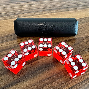 Yuanhe 19mm Professional Casino Dice - Razor Edge, Matching Serialized Set, 5 Red Dices with Leather Case