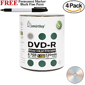 Smartbuy 400-disc 4.7GB/120min 16x DVD-R Silver Inkjet Hub Printable Blank Media Disc + Black Permanent Marker