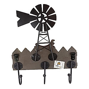Ebros Gift Rustic Western Agricultural Windmill with Cowboy Barn Horseshoes and Saddle 3 Peg Hook Coat Key Hat Leash Backpack Wall Hanging Hooks Country Farm Decorative Organizer