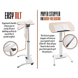 Stand Steady Tilting Mobile Podium | Height Adjustable Laptop Stand with Wheels and Tilting Desktop | Mobile Workstation & Portable Standing Desk | Rolling Laptop Table for Office & Home (Maple Print)