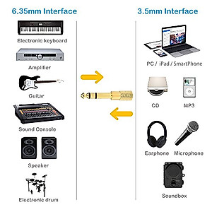 Quarter inch Adapter, 6.35mm (1/4 inch) Male to 3.5mm (1/8 inch) Female Headphone Jack Plug, Gold Plated, 6 Pack - JOLGOO