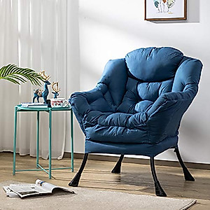 HollyHOME Modern Cotton Fabric Lazy Chair, Accent Contemporary Lounge Chair, Single Steel Frame Leisure Sofa Chair with Armrests and A Side Pocket, Thick Padded Back, Navy Blue