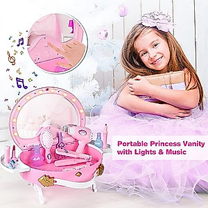Little Princess Toddler Vanity Set, Portable Makeup Kits with Lights and Music & Real Mirror & Multiple Accessories, Best Birthday Christmas Festival Gift for Girls 3-7 Year Old Toddlers 1-3
