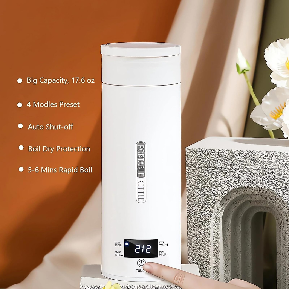 Portable Electric Kettle for Travel, Small Mini 500 ml Portable Electric Tea Coffee Kettle Hot Water Boiler for Camping Travel, 4 Temperature Controls, Auto Shut Off & Boil Dry Protection, BPA Free