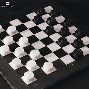 Radicaln Marble Checkers Board Game 15 Inches Black and White Handmade 2 Player Tournament Checker Set - Portable Table Draughts Board Games Sets