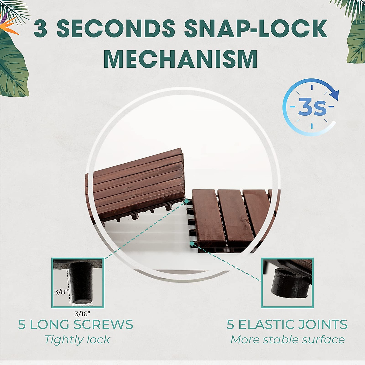 Idzo Interlocking Deck Tiles - 10PCS Waterproof Acacia Wood Patio Tiles, Flooring Tiles for Both Indoor and Outdoor - Decking Stripe Pattern, Dark Brown, 12 x 12 x 0.9 inches