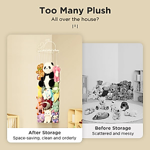 Jripae Stuffed Animal Storage,Stuffed Animal Holder with Adjustable Length,Corner Shelf for Kids Room Decor,Soft Toy Storage Organizer for Living Room,Bedroom,Nursery,Playroom,Kids Room(Ivory White)