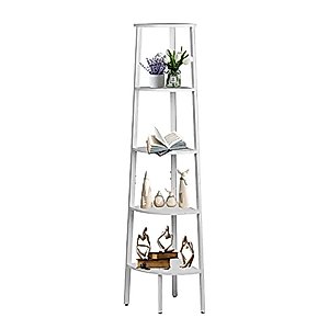 Corner Ladder Wood Shelf, 5-Tier Display Shelves, 62" Tall Rustic Corner Bookshelf, Industrial Corner Bookcase, Storage Rack, Plant Stand for Living Room, Small Space, Home Office, White