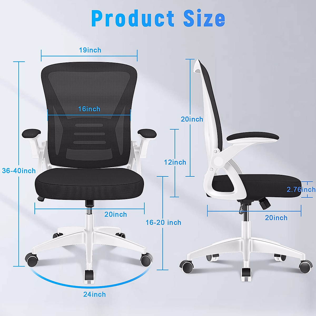 naspaluro Ergonomic Office Chair, Mid-Back Computer Chair with Adjustable Height, Flip-Up Arms and Lumbar Support, Breathable Bright White Mesh Desk Chair for Home Study Working