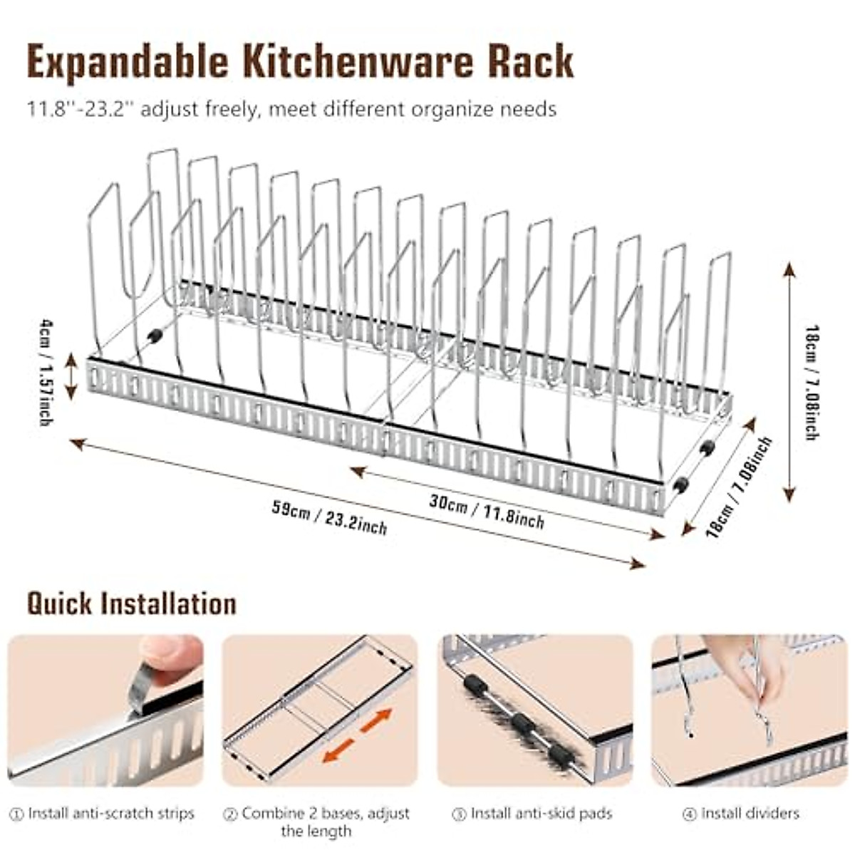 Housolution Pot Lid Organizer, Stainless Steel Expandable Pot and Pan Organizer with 14 Adjustable Dividers, Pan Storage Rack Lid Holder for Cabinet, Silver