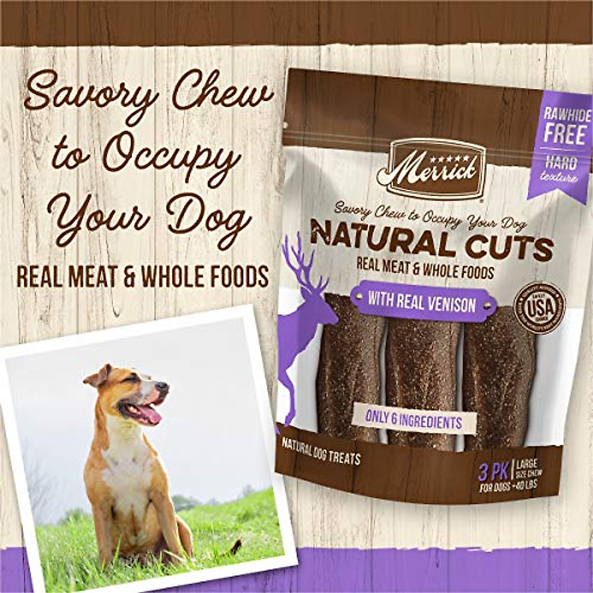 Merrick Natural Cuts Rawhide Free Dog Treats Filled Chew Made with Real Meat and Whole Foods, Venison, 0.71 pounds