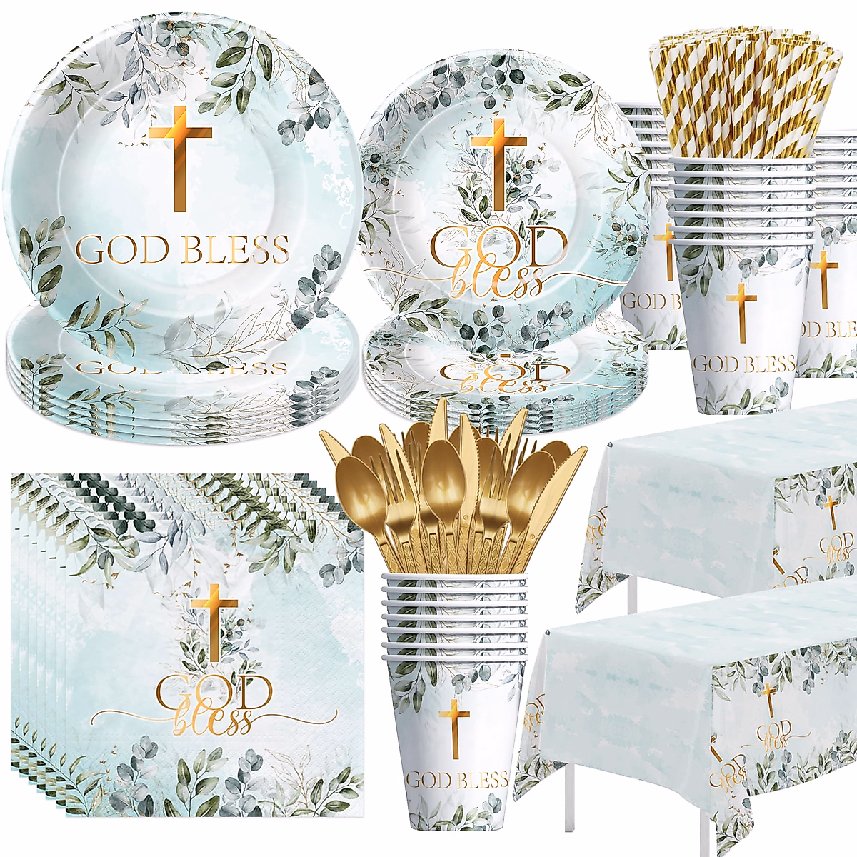 Suhelkit First Communion Decorations Tableware Boy - God Bless Baptism Plate, Cup, Napkin, Tablecloth, Cutlery, Mi Bautizo Eucalyptus Leaves Sage For Christening Baby Shower Religious Party | Serve 24