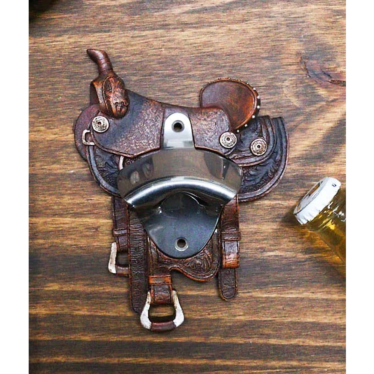 Ebros Gift Western Cowboy Farm Country Rustic Horse Saddle in Faux Tooled Leather Finish Wall Mounted Soda Beer Glass Bottle Cap Stainless Steel Metal Opener Sculpture Man Cave Accent