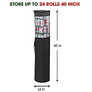 ProPik Wrapping Paper Storage Organizer Bag, Store Up To 24 Rolls 40 Inch, Heavy Duty Polyester plus PVC Clear Bag with Handles and Zippered Top for Gift Wrap and Ribbons (Black)