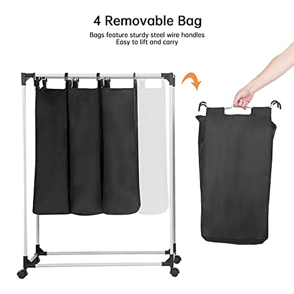 4-Bag Laundry Sorter Cart Easy Clean Laundry Hamper Sorte Laundry Organizer Laundry Basket Laundry Clothes Separator Hamper with 4 Removable Waterproof Bags and Wheels for Laundry Room