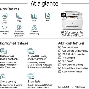 HP Color Laserjet Pro MFP M283cdw All-in-One Wireless Laser Printer - 50-Sheet ADF, Auto Duplex Printing - Remote Mobile Print Scan Copy Fax, 22ppm, 8.5x14, 600dpi, Ethernet, Cbmoun Printer_Cable