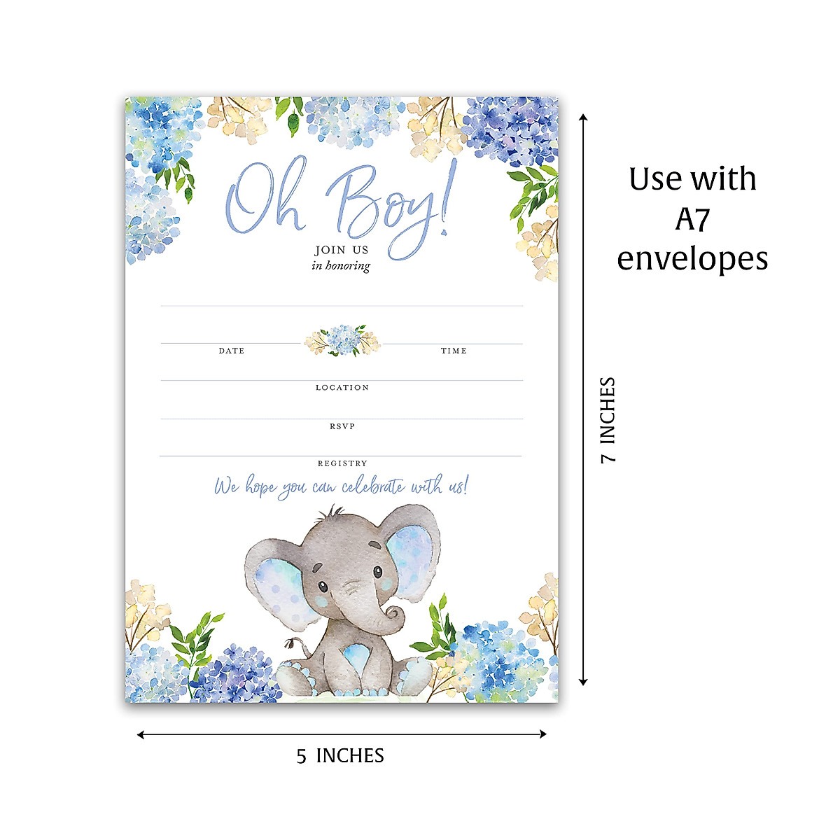 BLUE ELEPHANT Baby Shower INVITATIONS — Pack of 25 — BABY BOY Blank Fill-in Baby Shower INVITES, Oh Baby, Blue Floral BABY ELEPHANT BOY Baby Sprinkle Little Peanut Invitation SKU I531-INV1