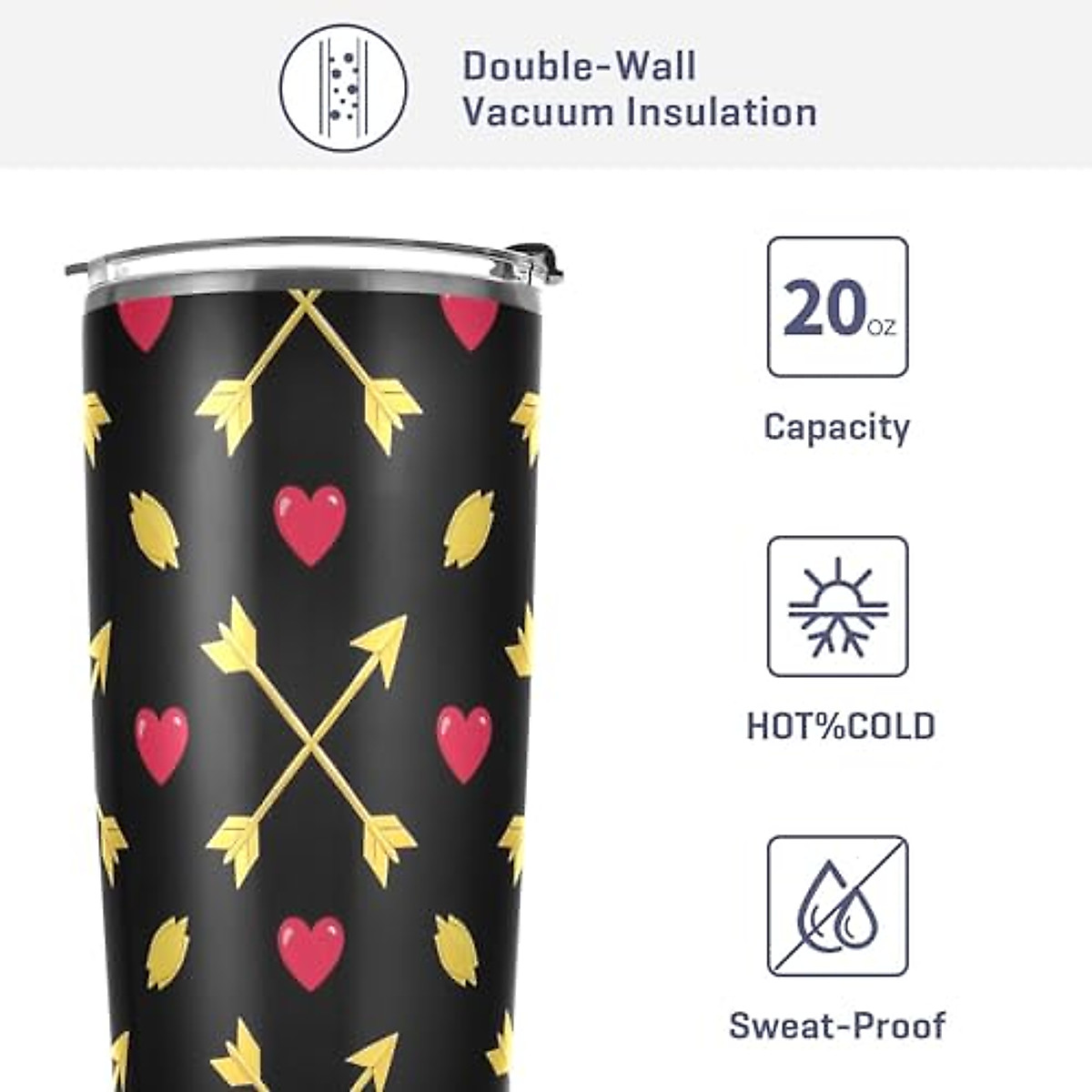 HXshaoye thendy gold arrow heart pattern red Stainless Steel cups with lids reusable Leak-proof Lid and Straw travel mug spill proof for Home, Office or Car cute tumblers with lids and straws botella